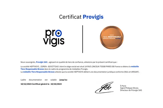 Médaille Tiers Responsable Bronze de Provigis - Heptasys